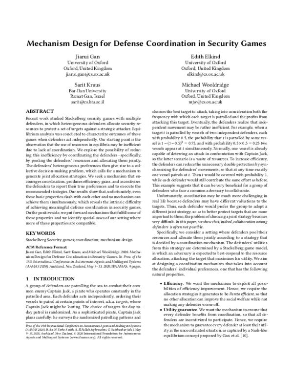(PDF) Mechanism Design for Defense Coordination in Security Games