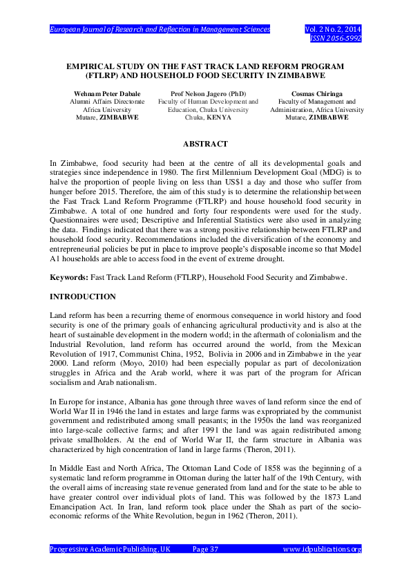 (PDF) Empirical Study on the Fast Track Land Reform Program ( FTLRP ...