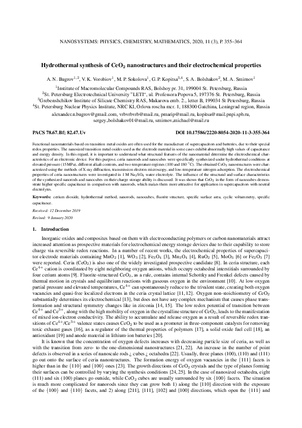 (PDF) Hydrothermal synthesis of CeO2 nanostructures and their electrochemical properties