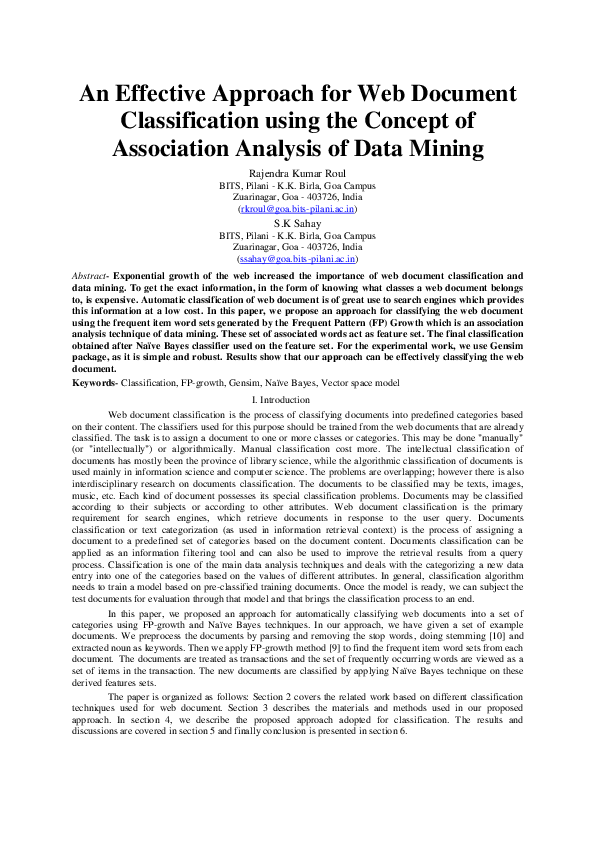 Pdf An Effective Approach For Web Document Classification Using The Concept Of Association 