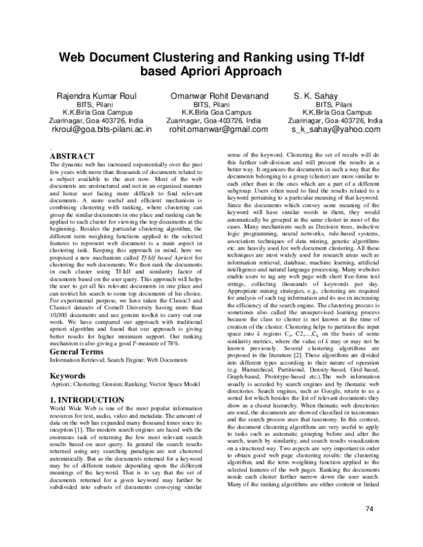 (PDF) Web Document Clustering and Ranking using Tf-Idf based Apriori Approach