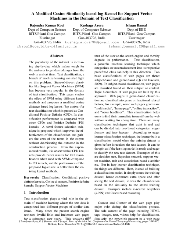 Pdf A Modified Cosine Similarity Based Log Kernel For Support Vector