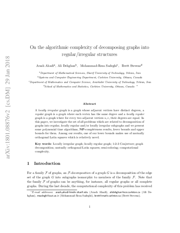(PDF) On the algorithmic complexity of decomposing graphs into regular/irregular structures ...