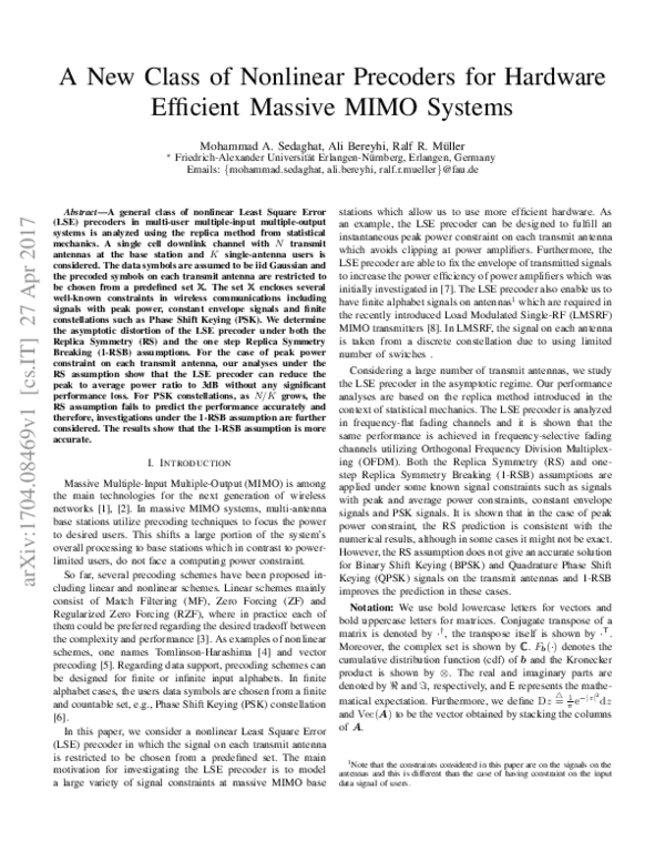 Pdf A New Class Of Nonlinear Precoders For Hardware Efficient Massive