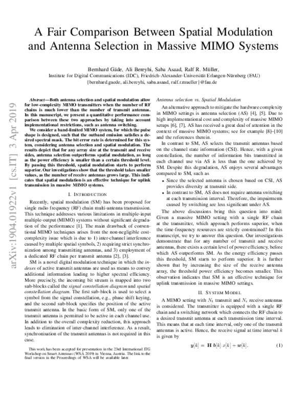 (PDF) A Fair Comparison Between Spatial Modulation and Antenna Selection in Massive MIMO Systems