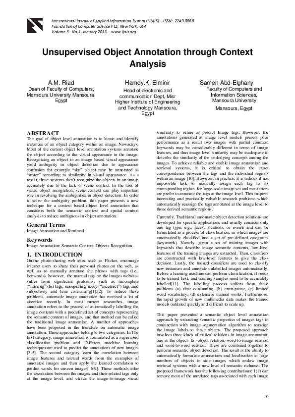 Pdf Unsupervised Object Annotation Through Context Analysis