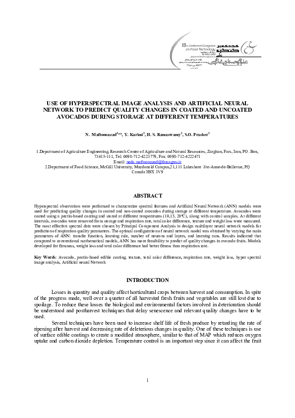 (PDF) Use of Hyperspectral Image Analysis and Artificial Neuralnetwork to Predict Quality ...
