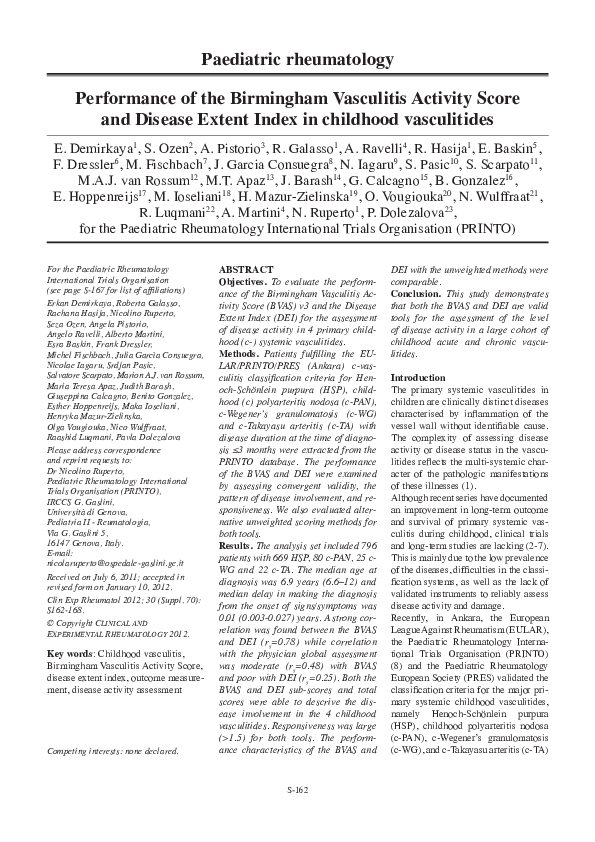 (PDF) Paediatric rheumatology Performance of the Birmingham Vasculitis ...
