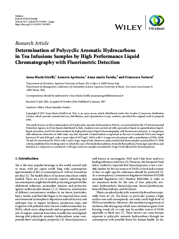 (PDF) Determination of Polycyclic Aromatic Hydrocarbons in Tea Infusions Samples by High ...
