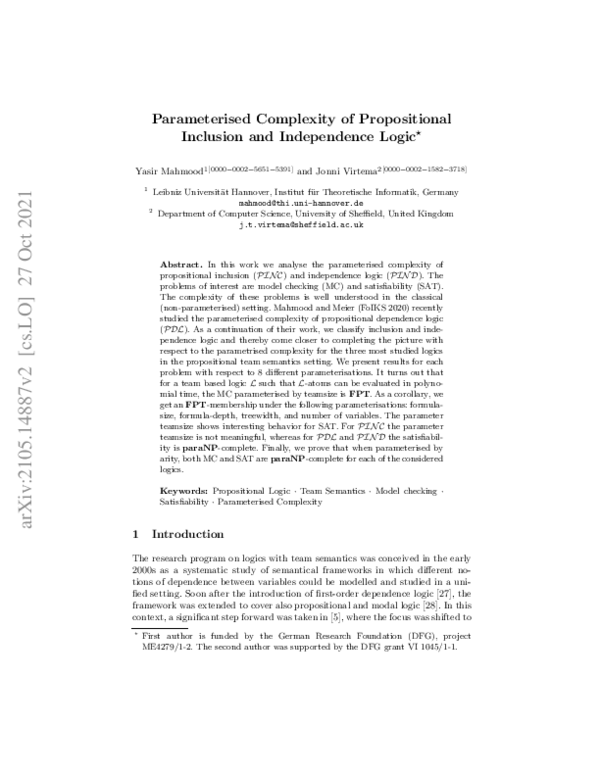 (PDF) Parameterised Complexity of Propositional Inclusion and Independence Logic | yasir mahmood ...