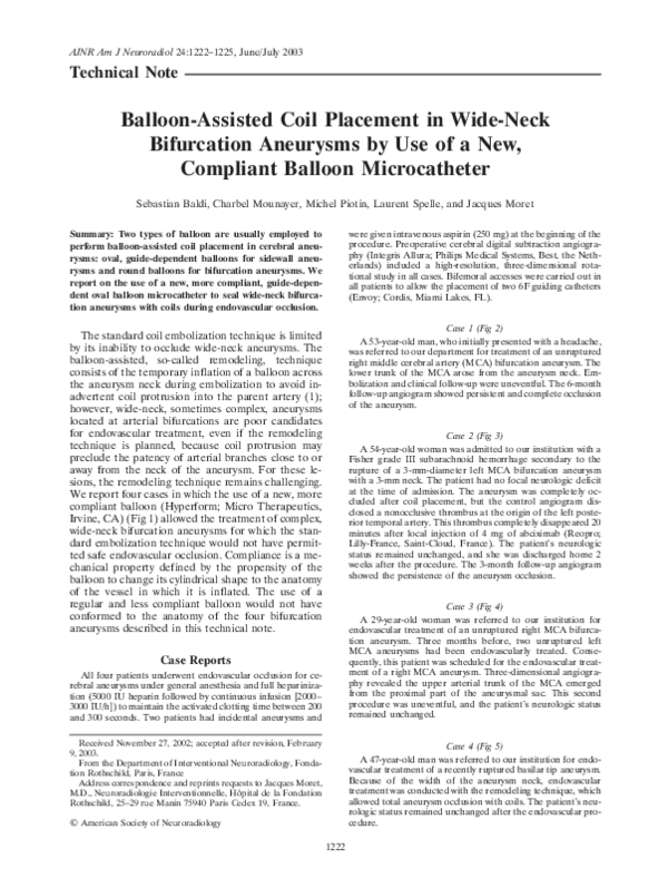 (PDF) Balloon-assisted coil placement in wide-neck bifurcation ...