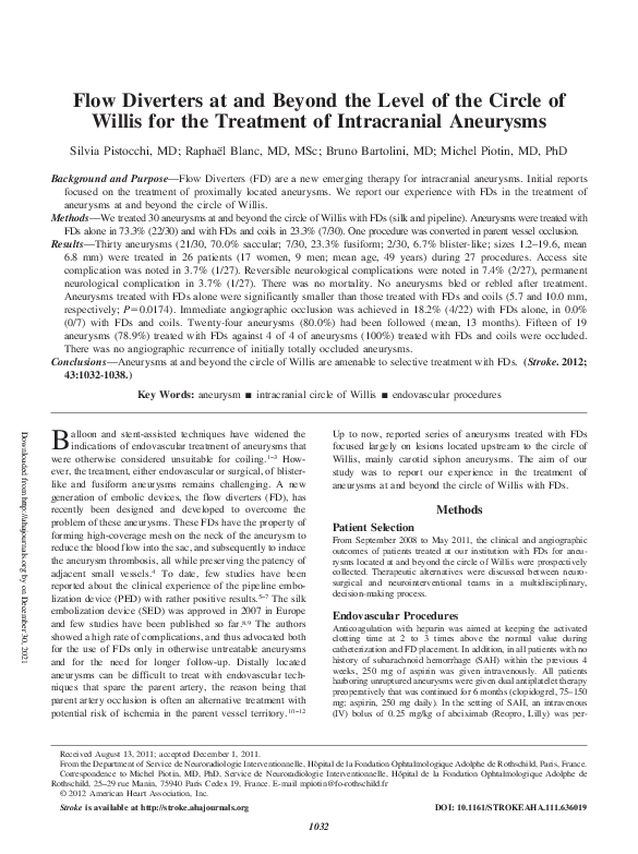 (PDF) Flow Diverters at and Beyond the Level of the Circle of Willis for the Treatment of ...
