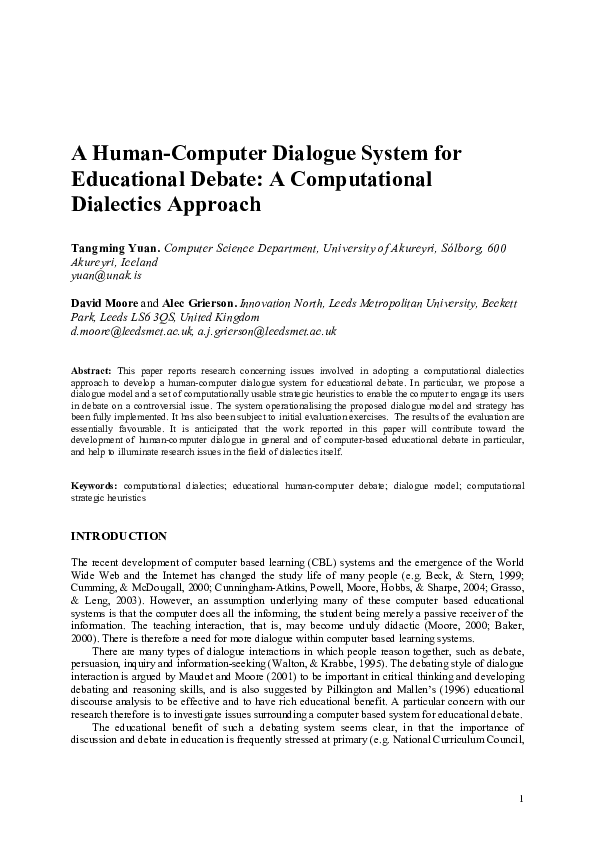 (PDF) A Human-Computer Dialogue System for Educational Debate: A ...