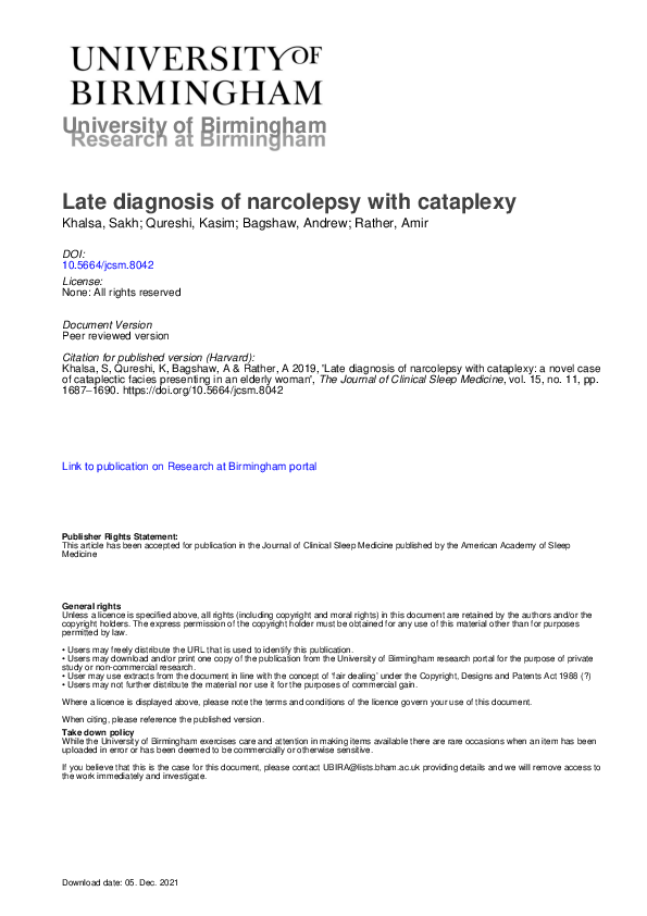 (PDF) University of Birmingham Late diagnosis of narcolepsy with cataplexy