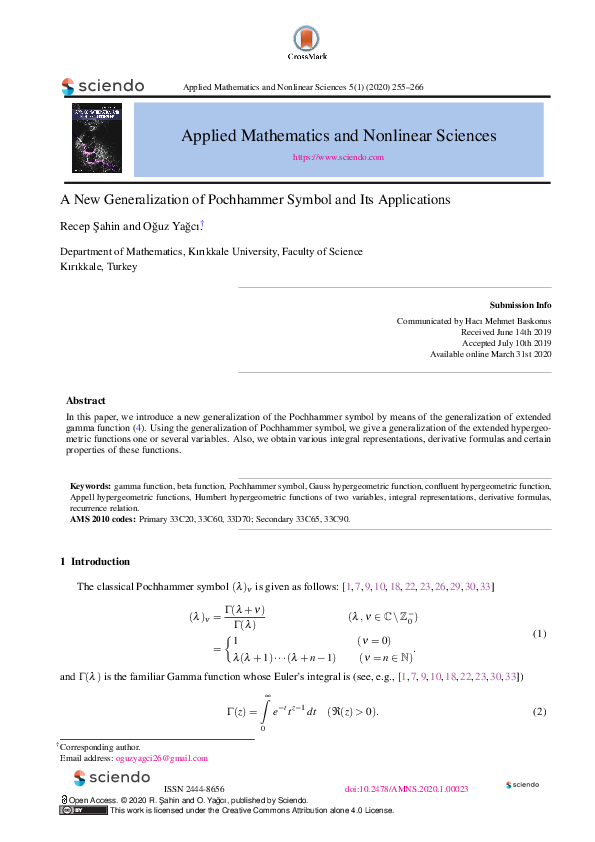 (PDF) A New Generalization of Pochhammer Symbol and Its Applications