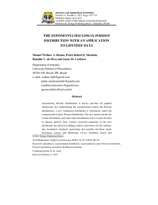 Pdf The Exponentiated Lomax Poisson Distribution With An Application To Lifetime Data Gauss