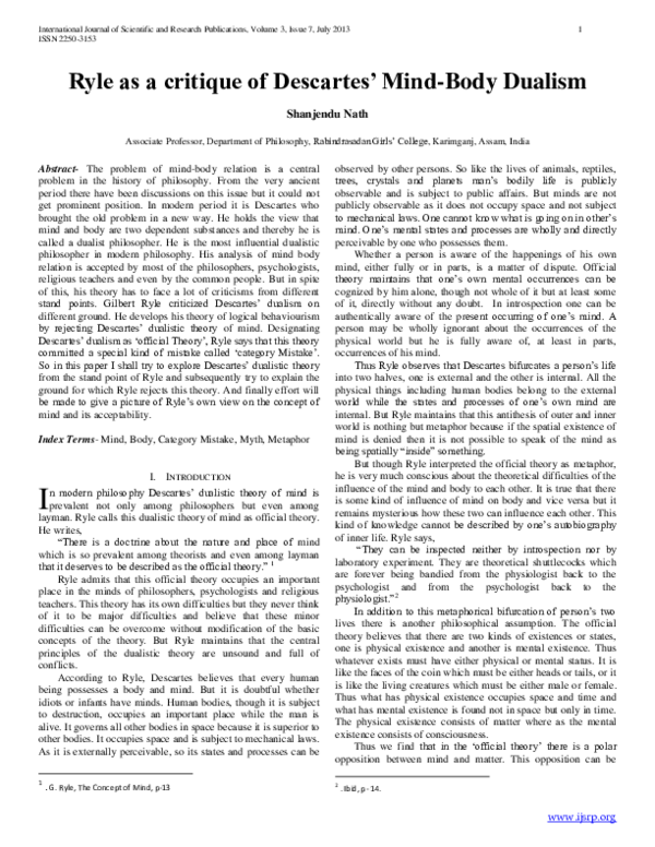 (PDF) Ryle as a critique of Descartes' Mind-Body Dualism