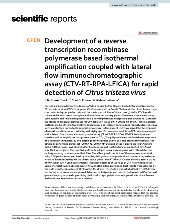 (PDF) Development of a reverse transcription recombinase polymerase based isothermal ...