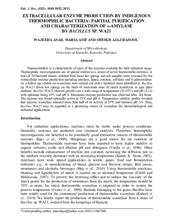 (PDF) Extracellular Enzyme Production by Indigenous Thermophilic Bacteria: Partial Purification ...