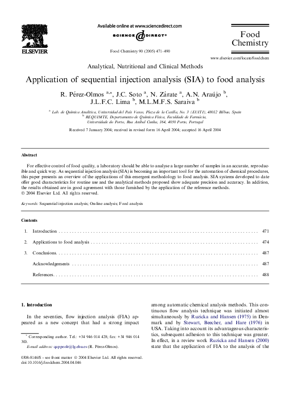 Pdf Application Of Sequential Injection Analysis Sia To Food Analysis