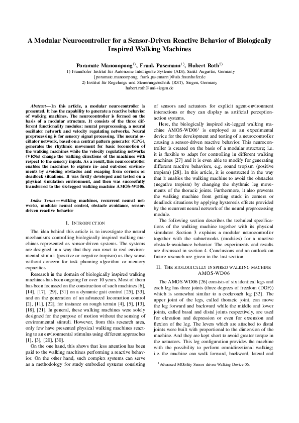 Pdf A Modular Neurocontroller For A Sensor Driven Reactive Behavior Of Biologically Inspired