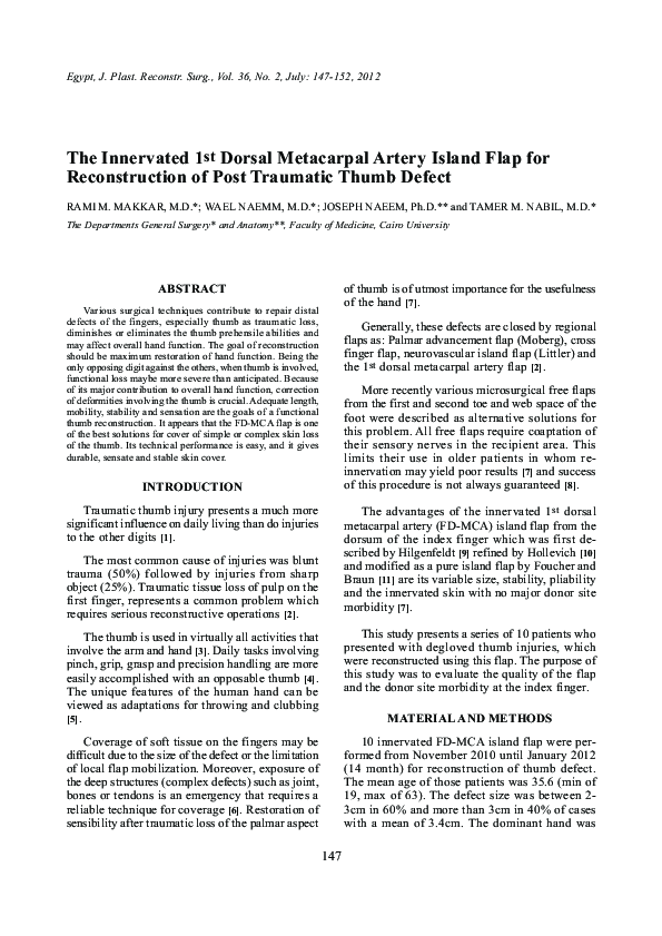 Pdf The Innervated 1st Dorsal Metacarpal Artery Island Flap For