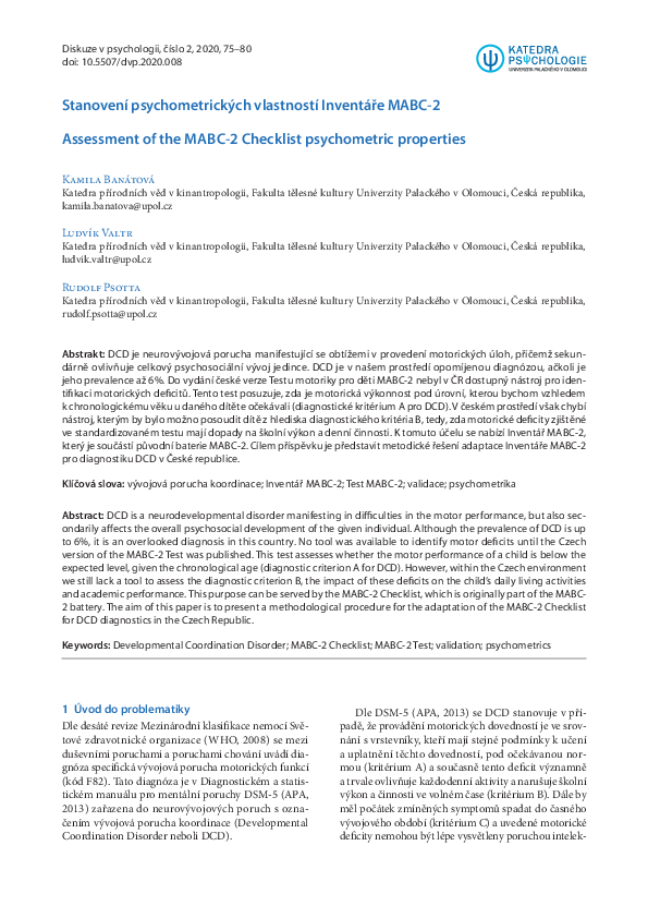 (PDF) Assessment of the MABC-2 Checklist psychometric properties