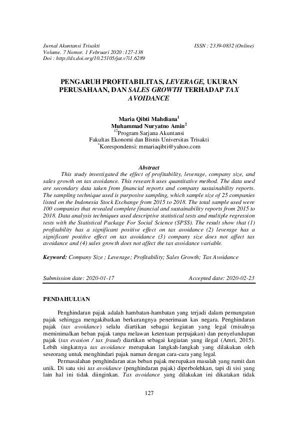 (PDF) Pengaruh Profitabilitas, Leverage, Ukuran Perusahaan, Dan Sales Growth Terhadap Tax Avoidance