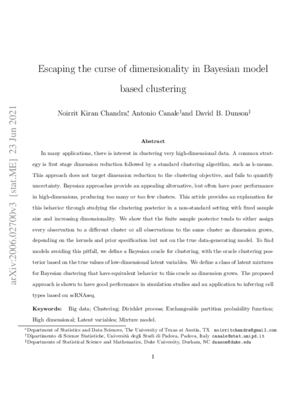 (PDF) Escaping the curse of dimensionality in Bayesian model based clustering
