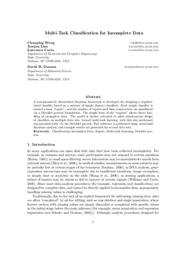 Pdf Multi Task Classification For Incomplete Data David Dunson