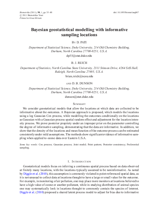 (PDF) Bayesian geostatistical modelling with informative sampling locations