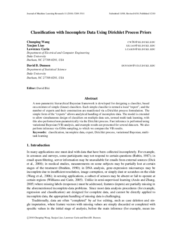 (PDF) Classification with Incomplete Data Using Dirichlet Process Priors