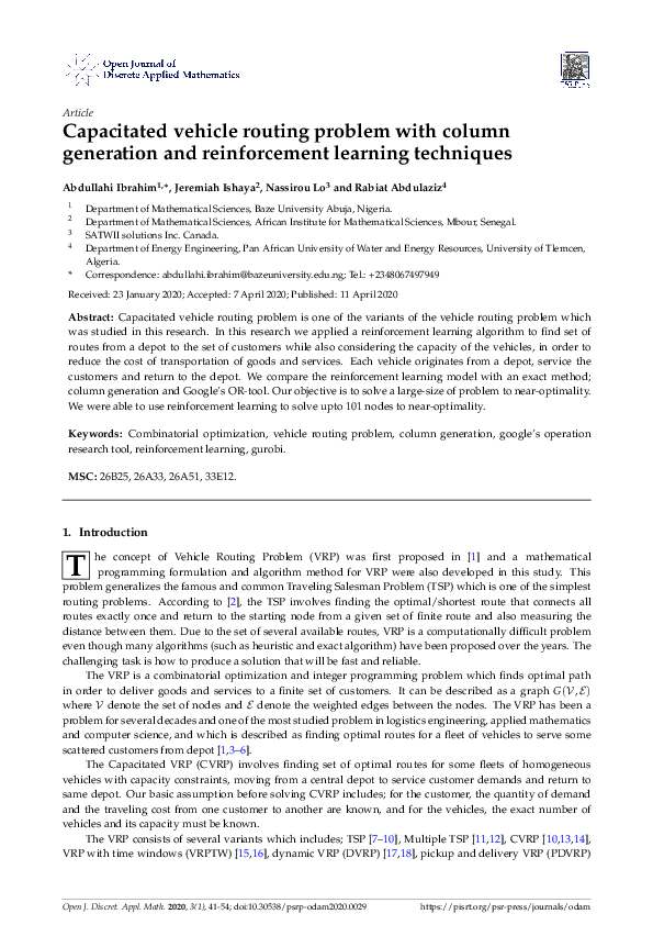 Pdf Capacitated Vehicle Routing Problem With Column Generation And Reinforcement Learning