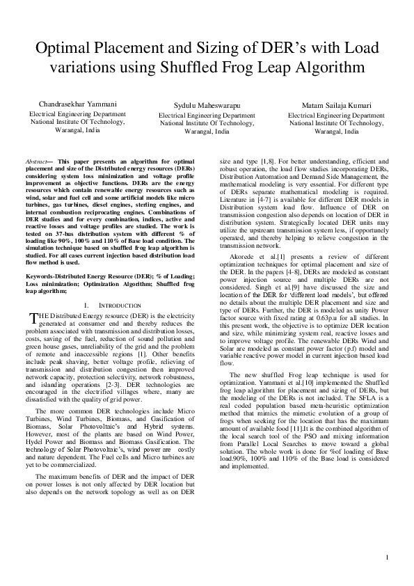 Pdf Optimal Placement And Sizing Of Der‟s With Load Variations Using Shuffled Frog Leap Algorithm
