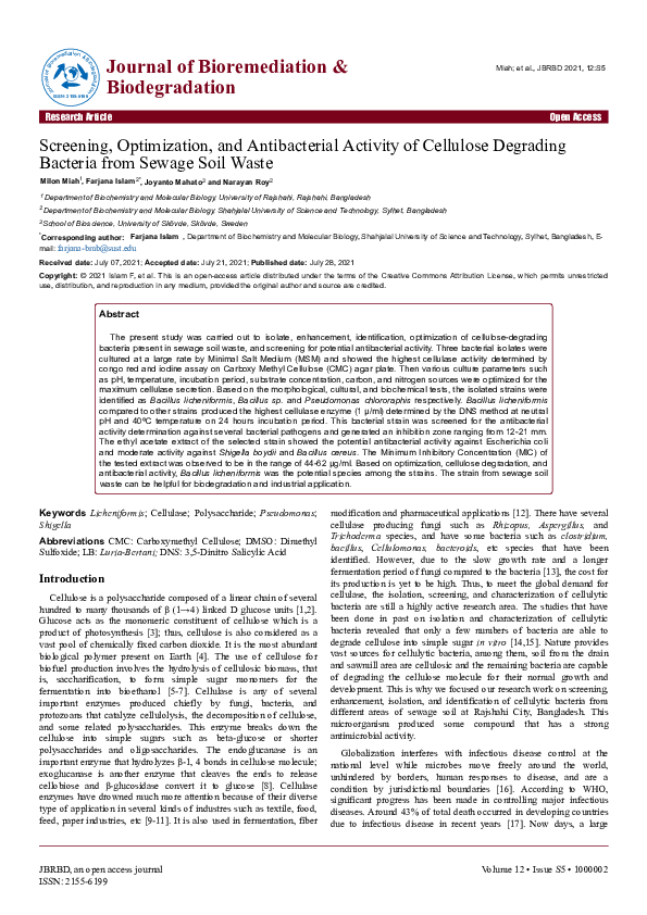 (PDF) Screening, Optimization, and Antibacterial Activity of Cellulose Degrading Bacteria from ...