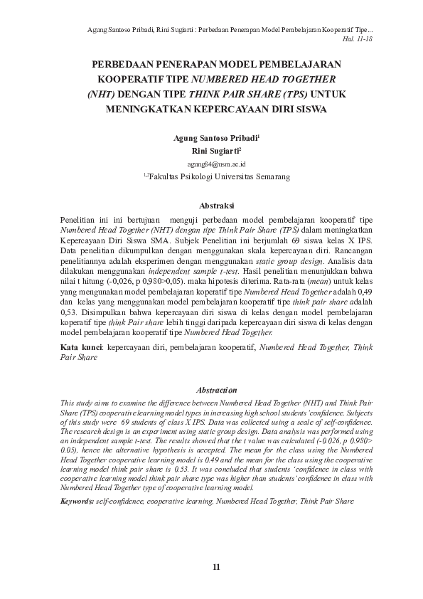 (PDF) Perbedaan Penerapan Model Pembelajaran Kooperatif Tipe Numbered Head Together (NHT) Dengan ...