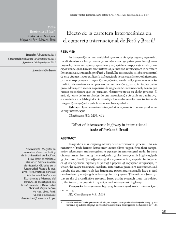 (PDF) Effect of interoceanic highway in international trade of Perú and ...