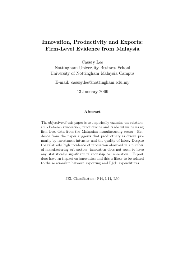 (PDF) Innovation, Productivity and Exports: Firm-Level Evidence from Malaysia