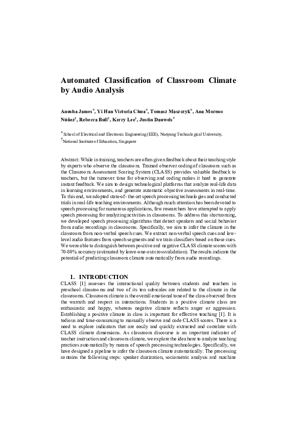 (PDF) Automated Classification of Classroom Climate by Audio Analysis