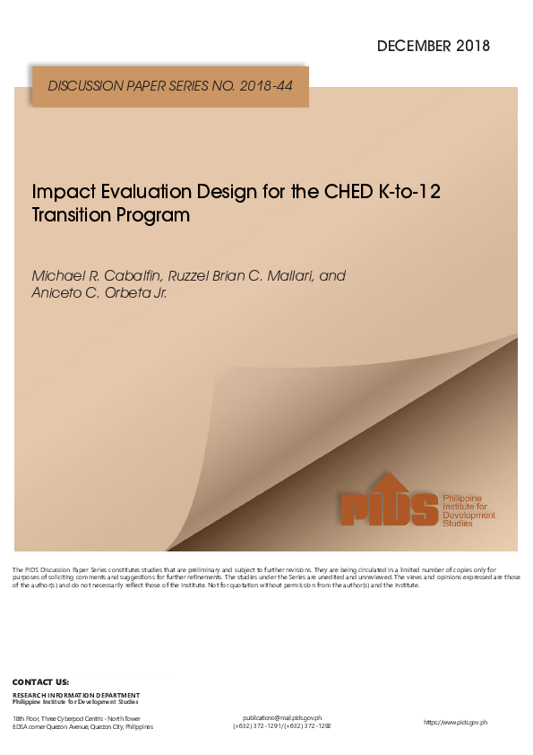(PDF) Impact Evaluation Design for the CHED K-to-12 Transition Program