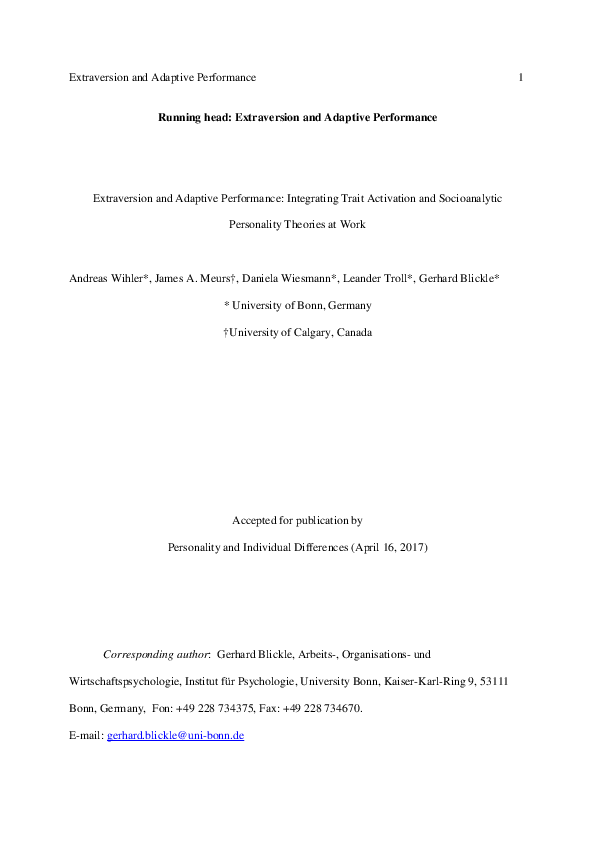 (PDF) Extraversion and adaptive performance: Integrating trait ...