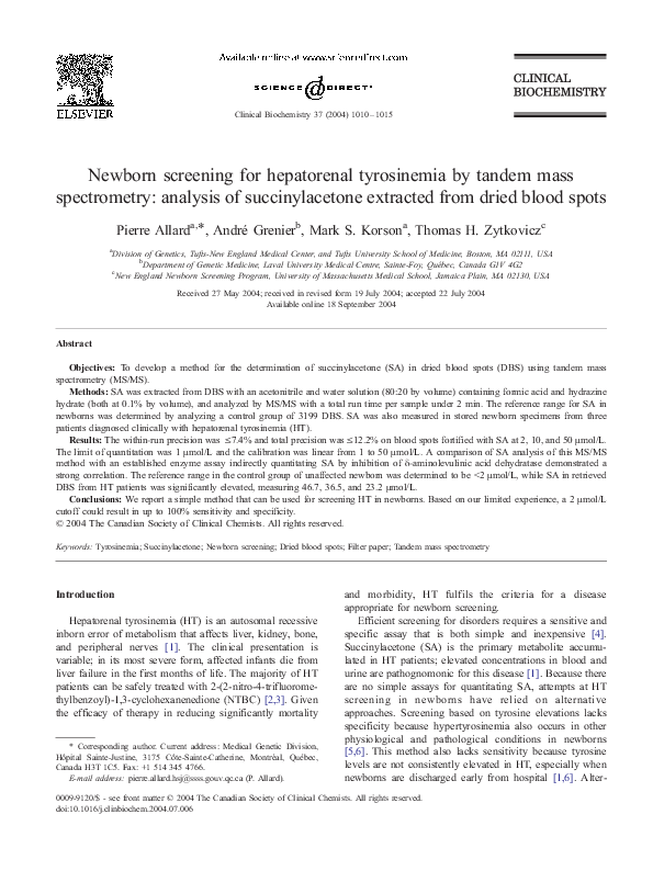 (PDF) Newborn screening for hepatorenal tyrosinemia by tandem mass ...