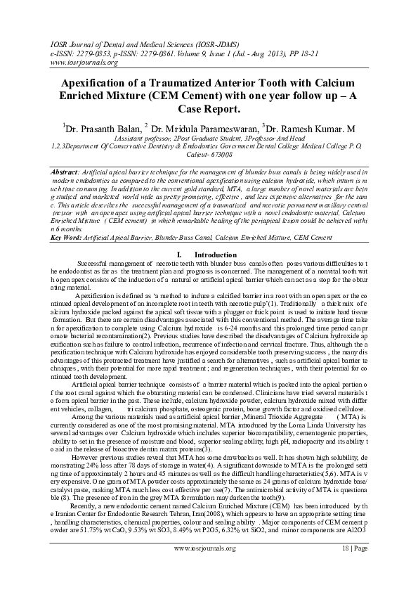 (PDF) Apexification of a Traumatized Anterior Tooth with Calcium ...