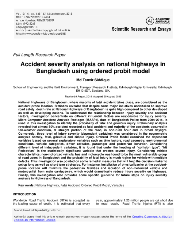 (PDF) Accident severity analysis on national highways in Bangladesh using ordered probit model