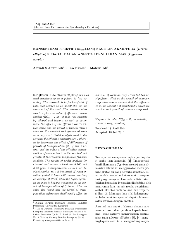 (PDF) Konsentrasi Efektif (EC50-1Jam) Ekstrak Akar Tuba (Derris ...