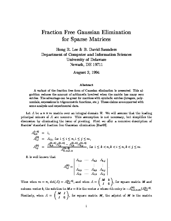 Pdf Fraction Free Gaussian Elimination For Sparse Matrices 5349