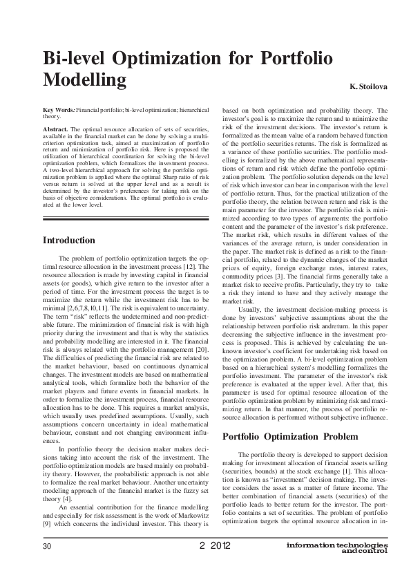 (PDF) Bi-level Optimization for Portfolio Modelling