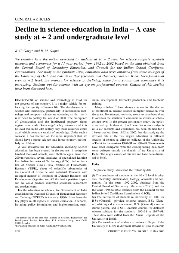 (PDF) Decline in science education in India: A case study at + 2 and ...