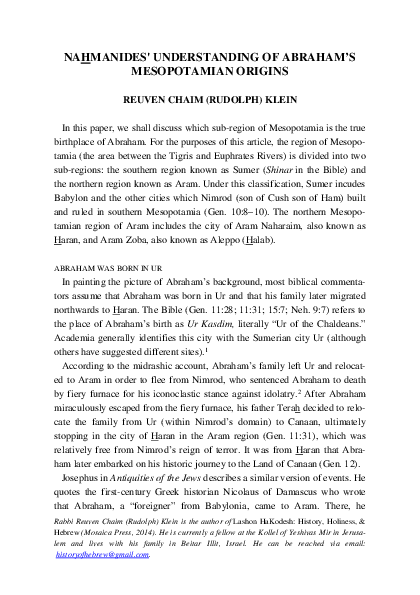 (PDF) Nahmanides' Understanding of Abraham's Mesopotamian Origins
