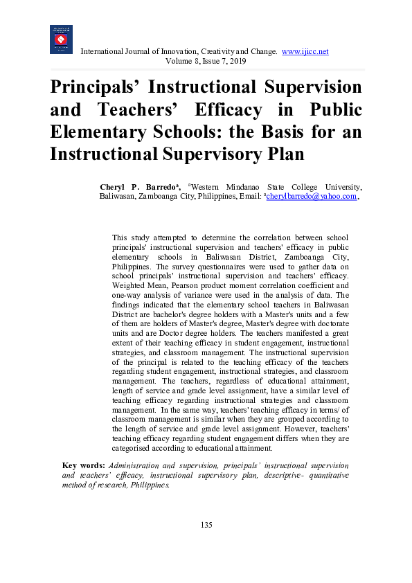 (PDF) Principals’ Instructional Supervision and Teachers’ Efficacy in Public Elementary Schools ...